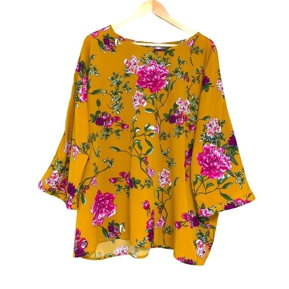 Darling | Tops | Mustard Yellow Floral Loose Flowy Blouse With Back ...
